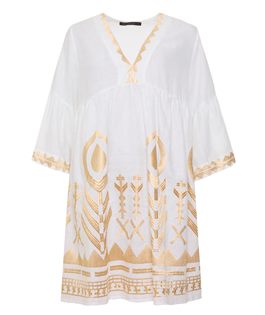 Greek Archaic Kori White gold linen embroidered Feather short dress ...