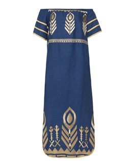 Greek Archaic Kori Blue gold Feather embroidered off shoulder dress